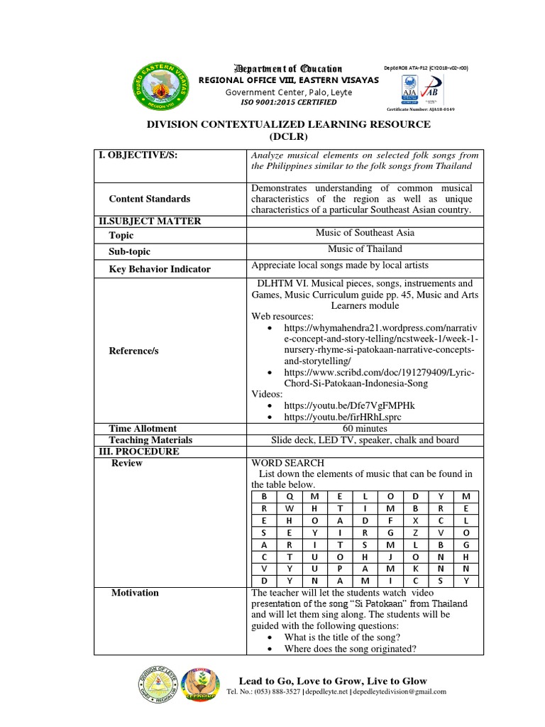 DCLR Mapeh Output g8 q1.1 | PDF | Song Structure | Songs
