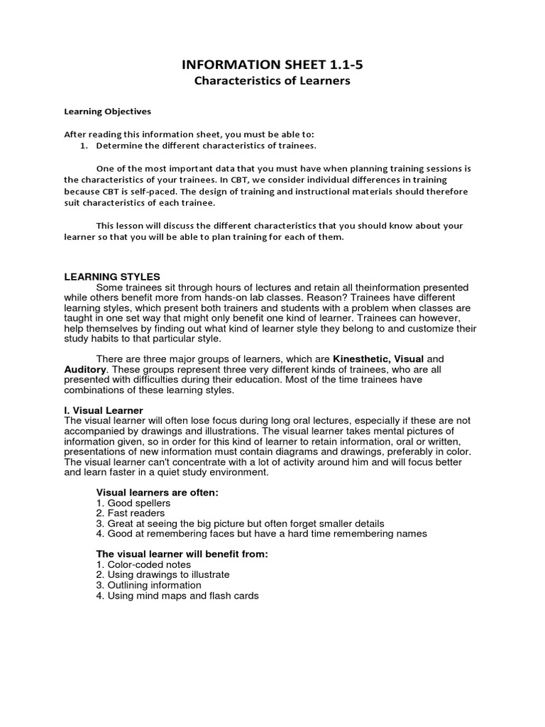 INFORMATION SHEET 1.1-5 Characteristics of Learners | PDF | Learning ...