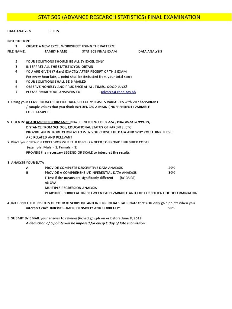 Stat 505 (Advance Research Statistics) Final Examination: Ralvarez@ched ...