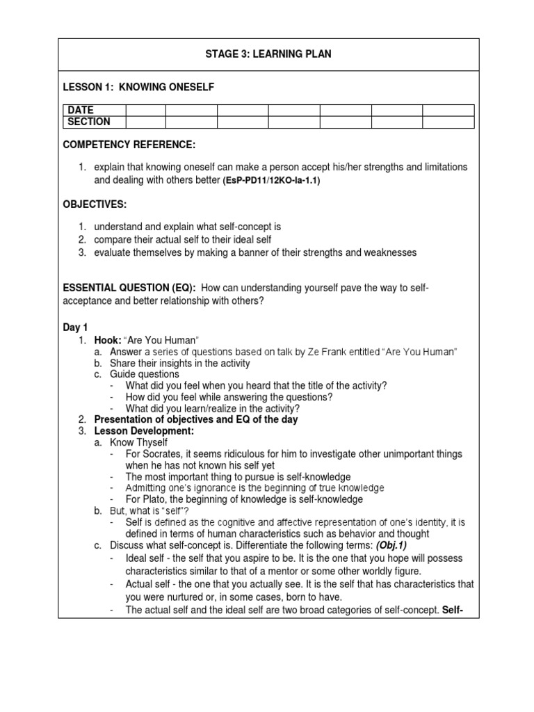 Stage 3: Learning Plan: (Esp-Pd11/12Ko-Ia-1.1) | PDF | Self | Self Concept
