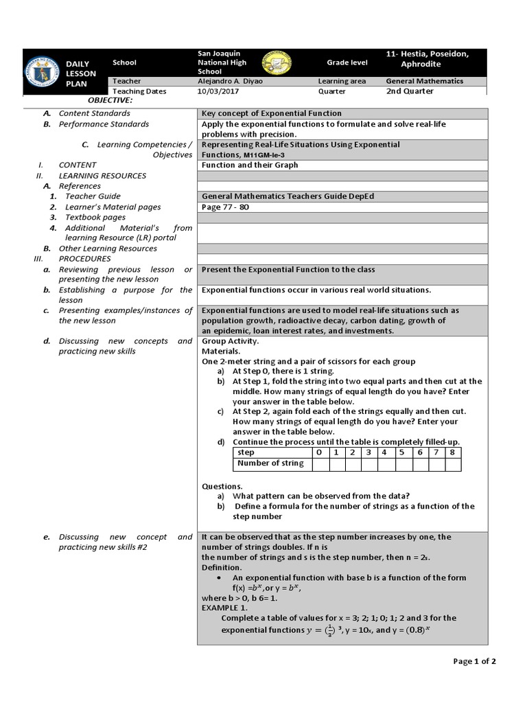 III. Lesson 12 Representing Real Life Situation Using Expoenential ...