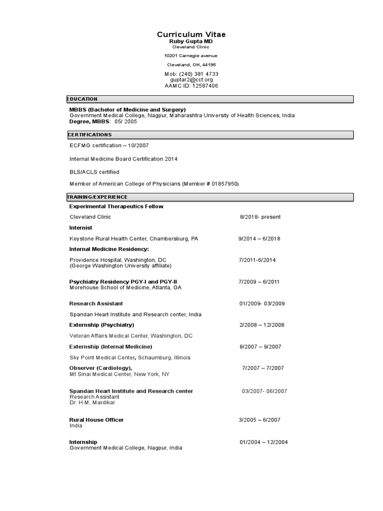 CV Ruby Gupta | PDF | Internal Medicine | Cancer