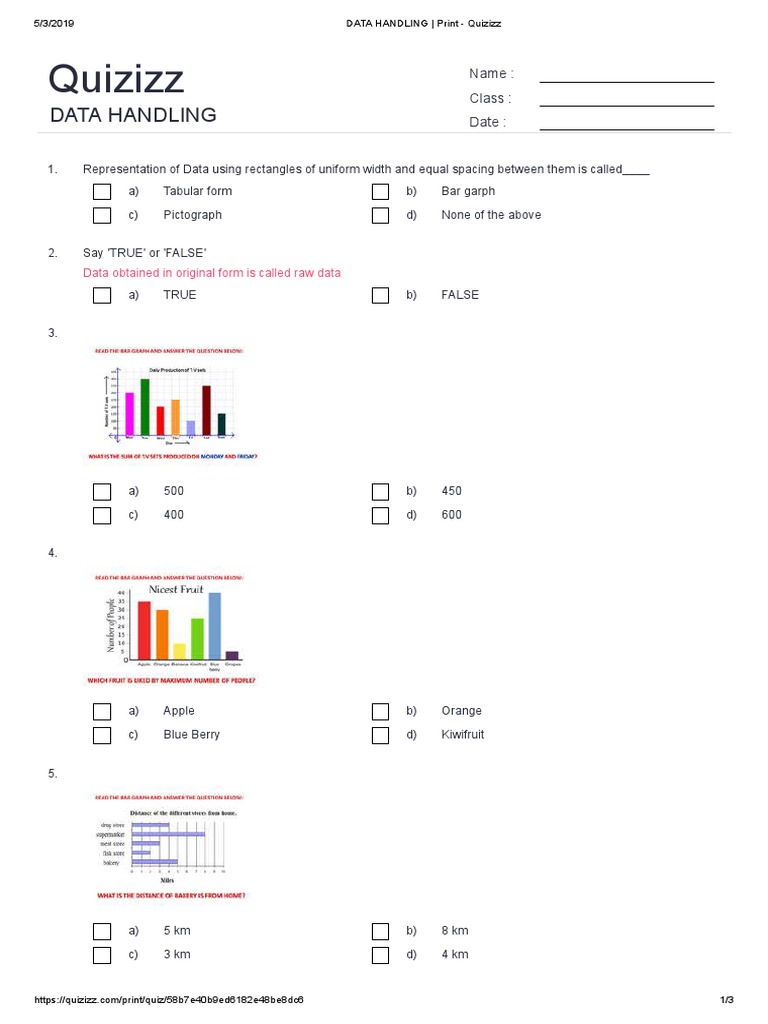 Class 6 Data Handling Quiz Answers | PDF | Histogram | Areas Of ...