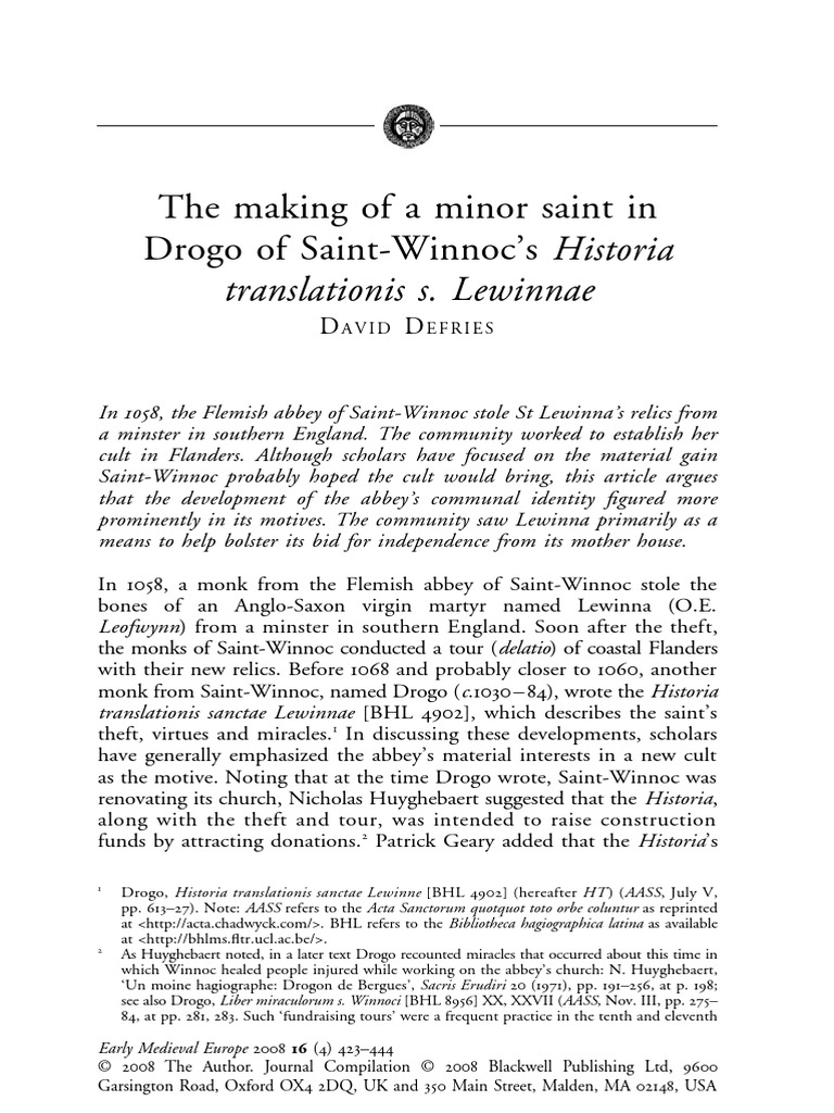 The Making of A Minor Saint in Drogo of Saint-Winnoc's: Historia ...