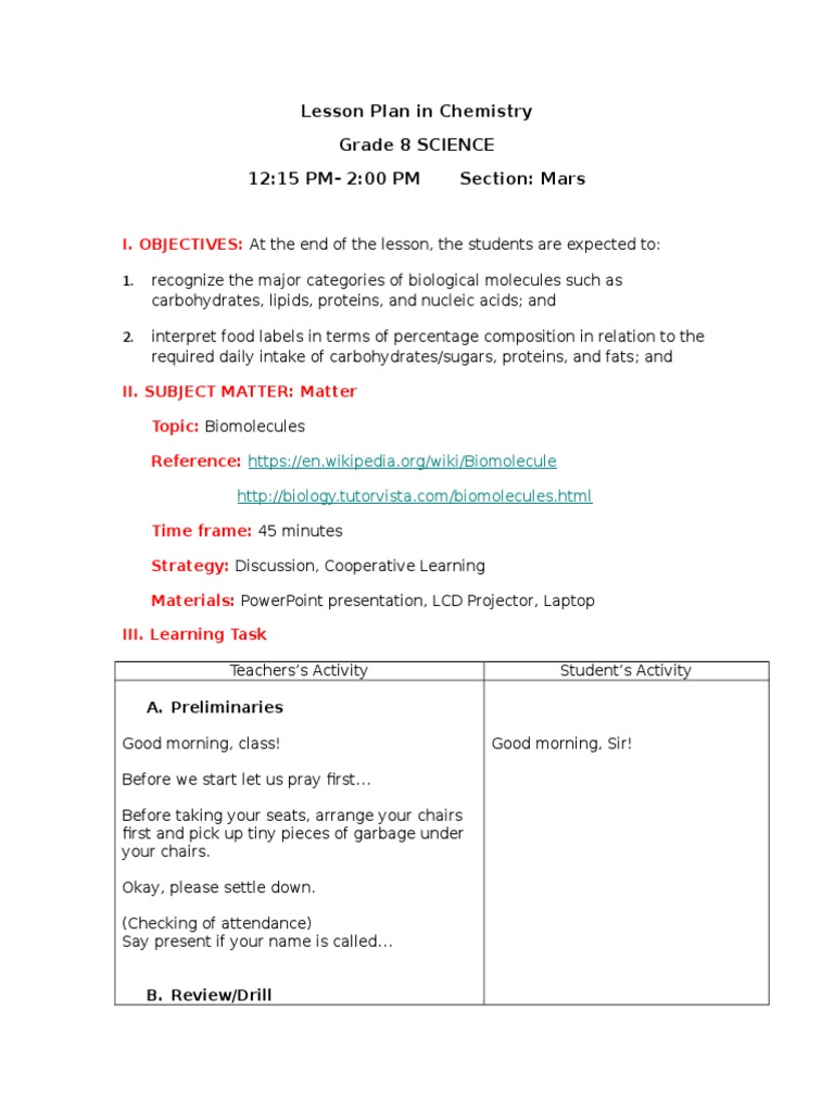 Lesson Plan in Chemistry - Pasa | PDF | Biomolecules | Carbohydrates