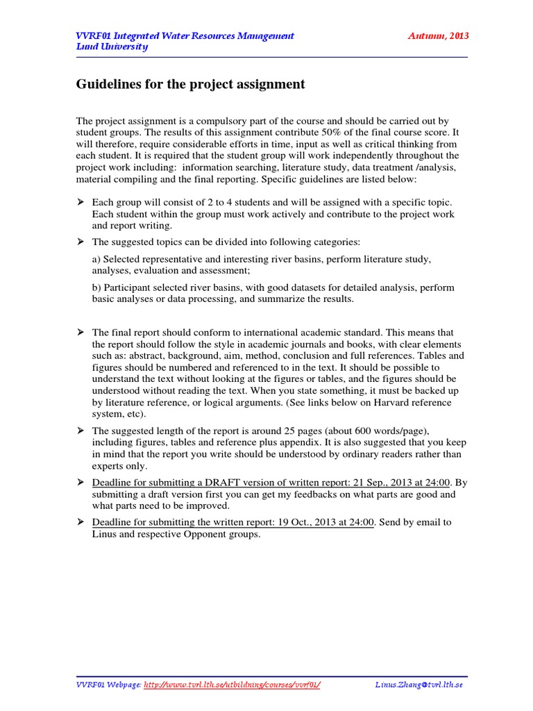Guidelines For The Project Assignment: VVRF01 Integrated Water ...
