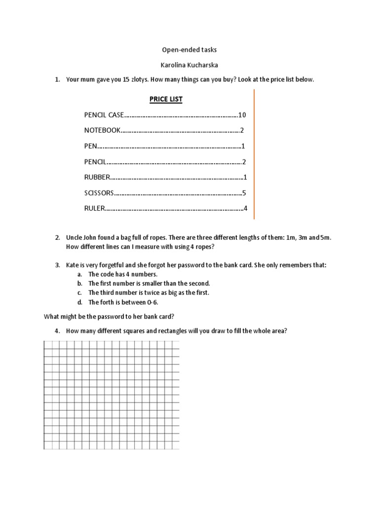 Open Ended Tasks K | PDF