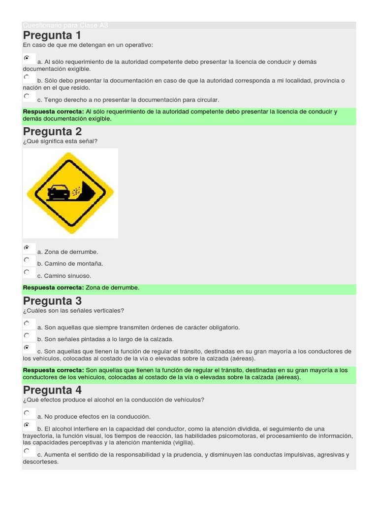 Cuestionario para Clase A3 | PDF | Semáforo | Licencia de conducir