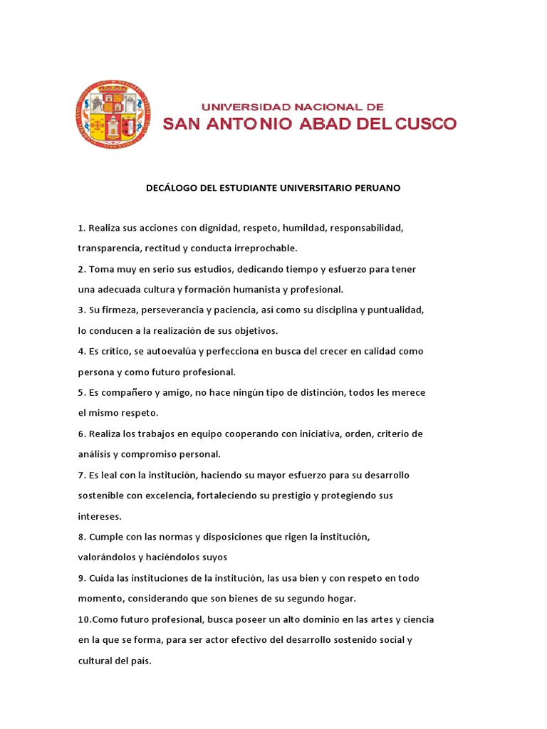 Decálogo Del Estudiante Universitario Peruano | PDF