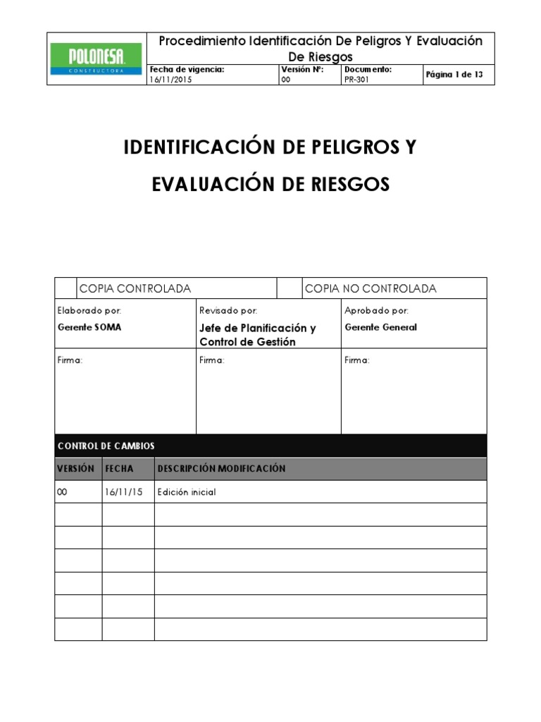 PR-301 Inventario de Peligros y Evaluación de Riesgos | Riesgo | Probabilidad