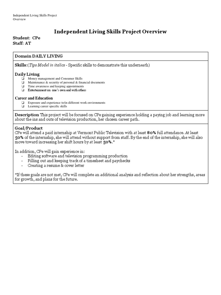 Independent Living Skills Project Overview | PDF | Cognitive Science ...