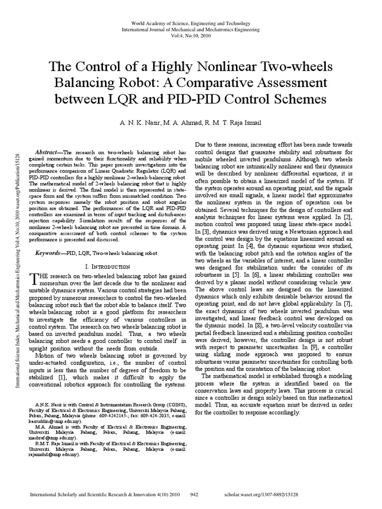 The Control of A Highly Nonlinear Two-Wheels Balancing Robot: A Comparative Assessment Between ...