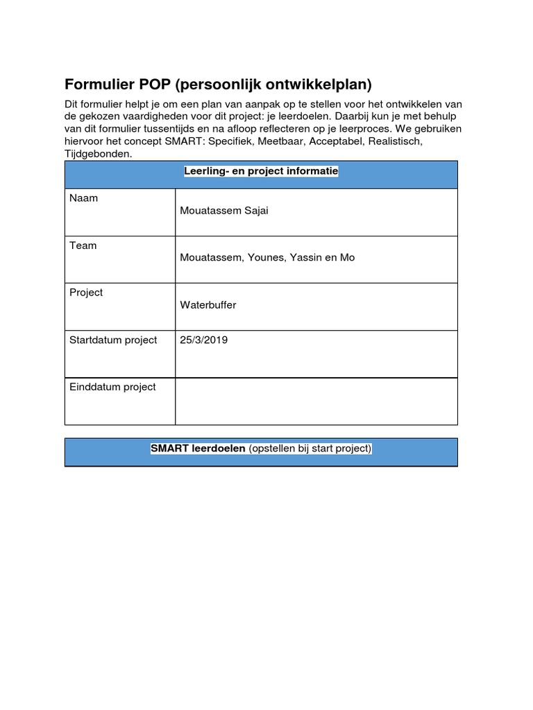 Formulier POP (Persoonlijk Ontwikkelplan) : Leerling-En Project Informatie | PDF