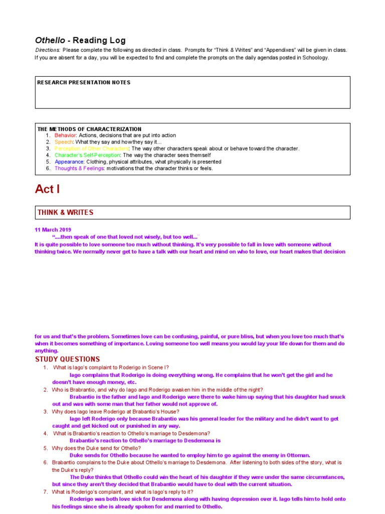Othello - Reading Log Questions | PDF | Iago | Othello