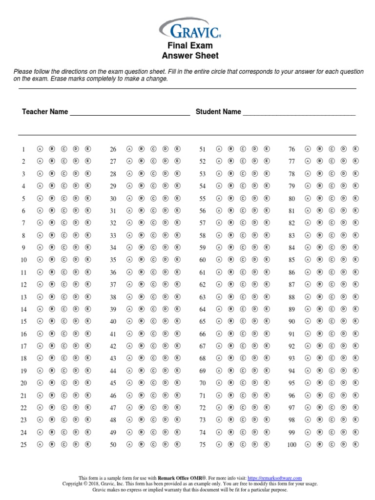 Final Exam Answer Sheet: Teacher Name - Student Name | PDF | Business ...