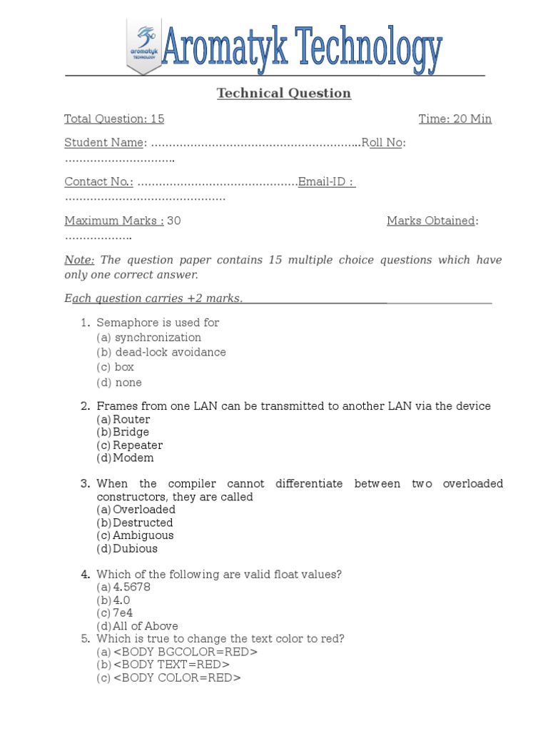 Technical Question: Only One Correct Answer. Each Question Carries +2 ...
