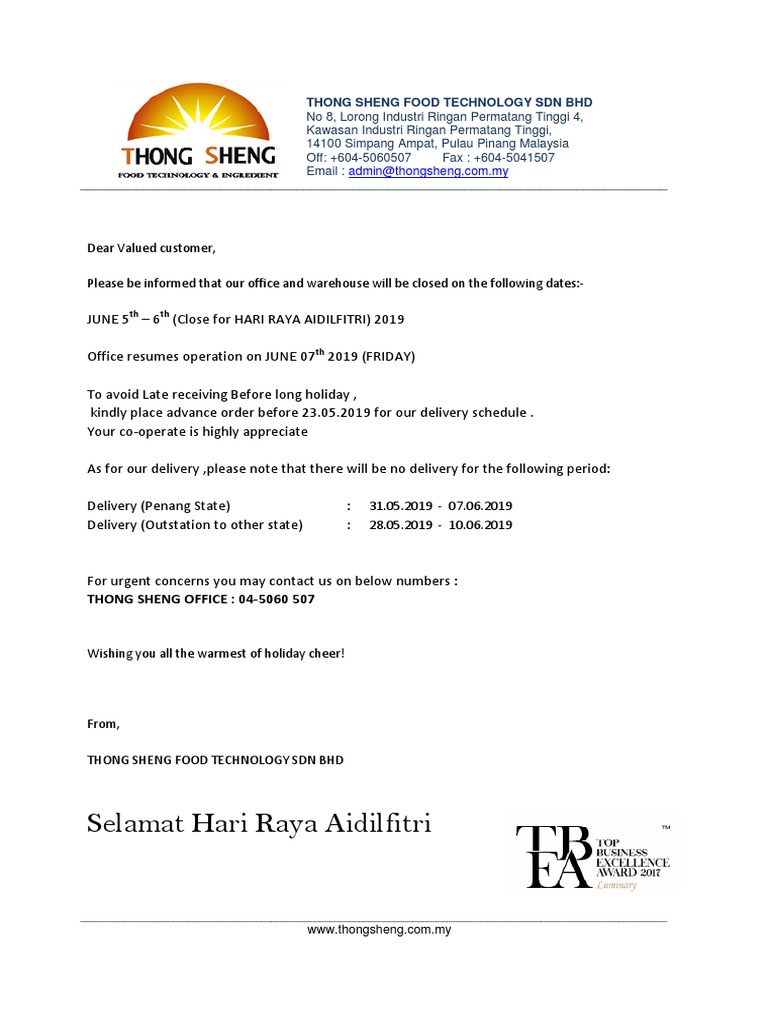 Hari Raya Aidilfitri Notice | PDF