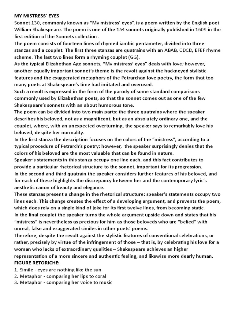 My Mistress' Eyes | PDF | Sonnets | Stanzaic Form