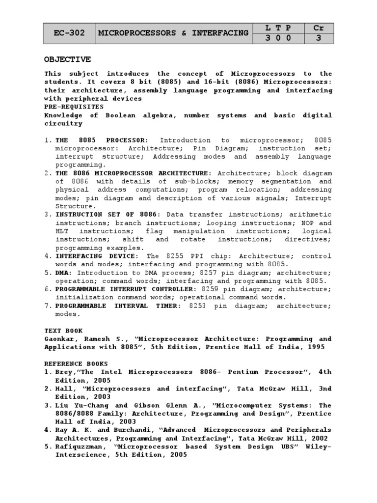 EC-302 Microprocessors & Interfacing LTP CR 3 0 0 3 Objective | PDF