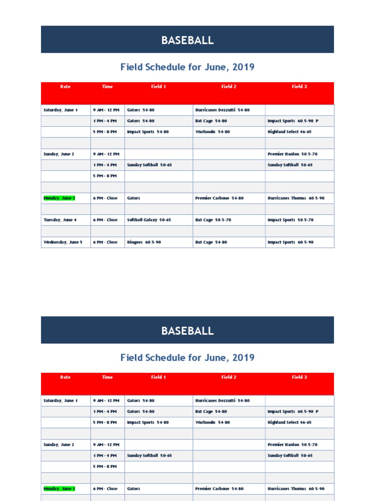 Baseball: Field Schedule For June, 2019 | PDF | Ball And Bat Games | Sports