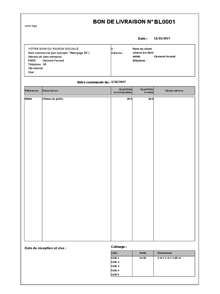 Modèle Bon de Livraison Excel