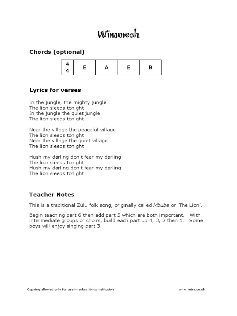 Wimoweh and Partner Songs Guide | PDF | Musical Compositions | Vocal Music
