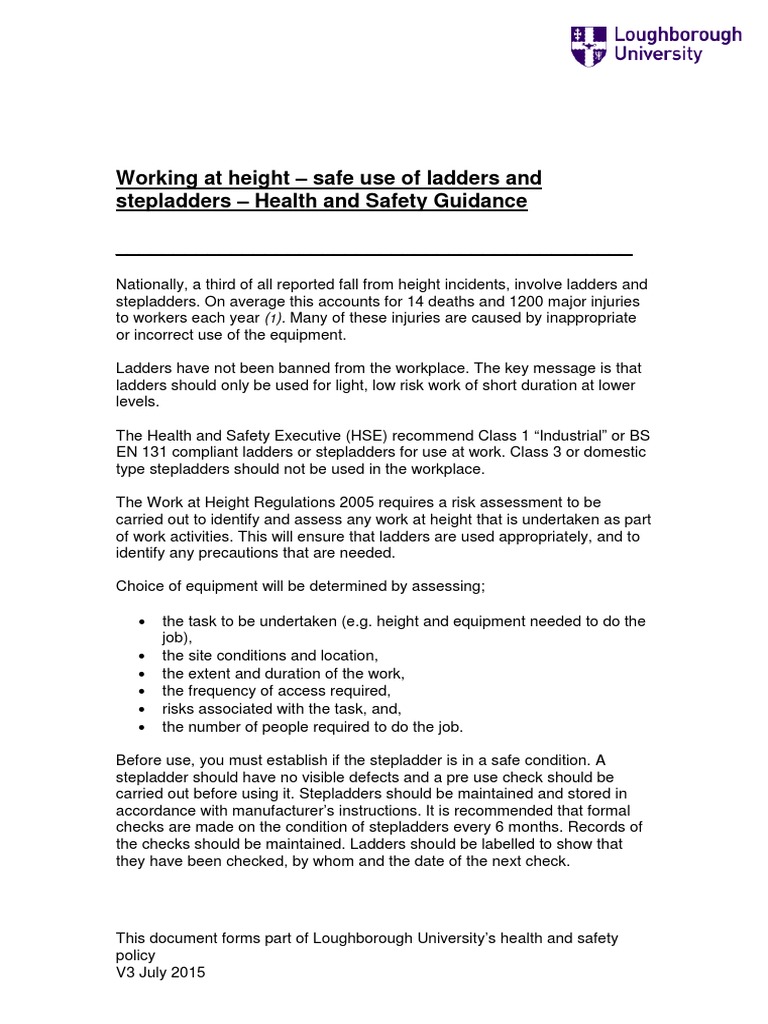 Working at Height Safe Use of Ladders and Stepladders - Health and ...