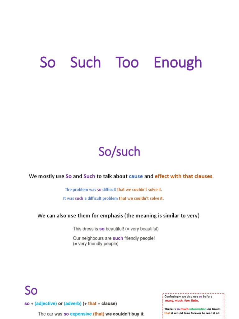 So Such Too Enough | PDF | Noun | Adjective