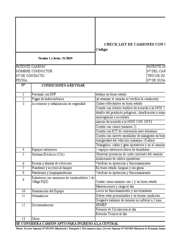 Check List Ingreso Camiones Con Sustancias Peligrosas | Camión | Vehículos