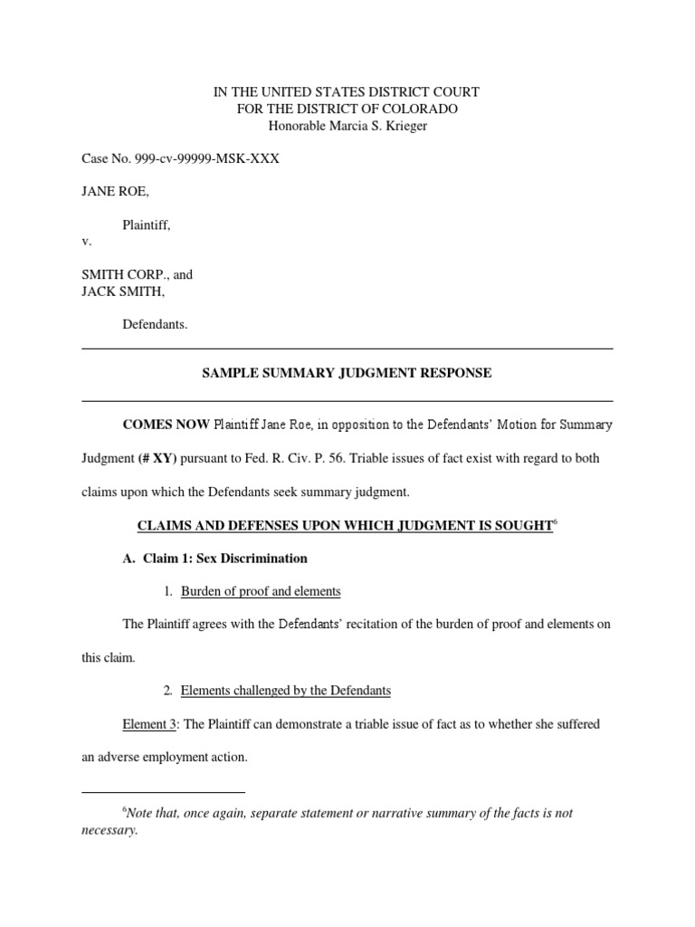 Sample Summary Judgment Response | PDF | Defamation | Burden Of Proof (Law)