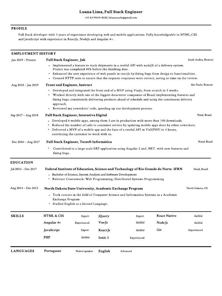 Luana Lima, Full Stack Engineer | PDF | Computing And Information Technology
