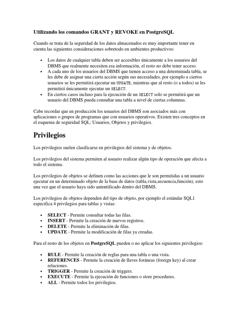 Utilizando Los Comandos GRANT y REVOKE en PostgreSQL | PDF | Bases de ...