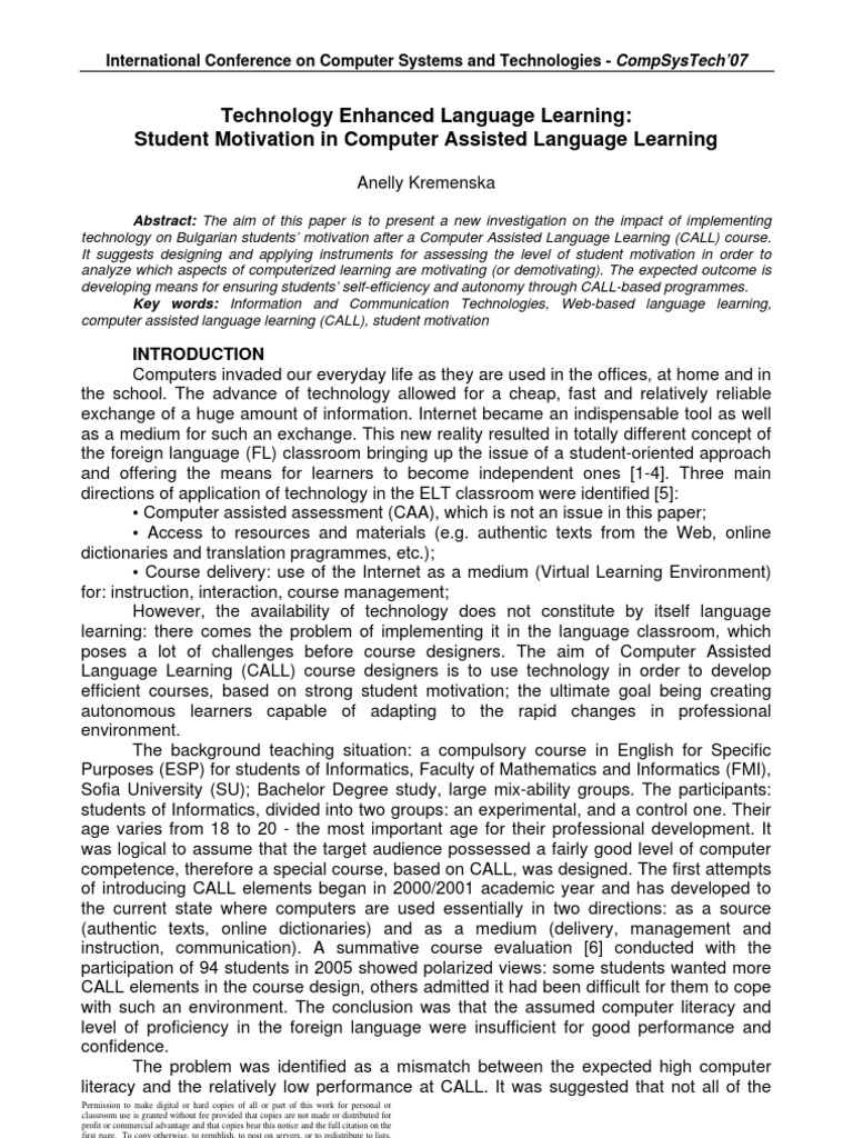 Technology Enhanced Language Learning: Student Motivation in Computer ...
