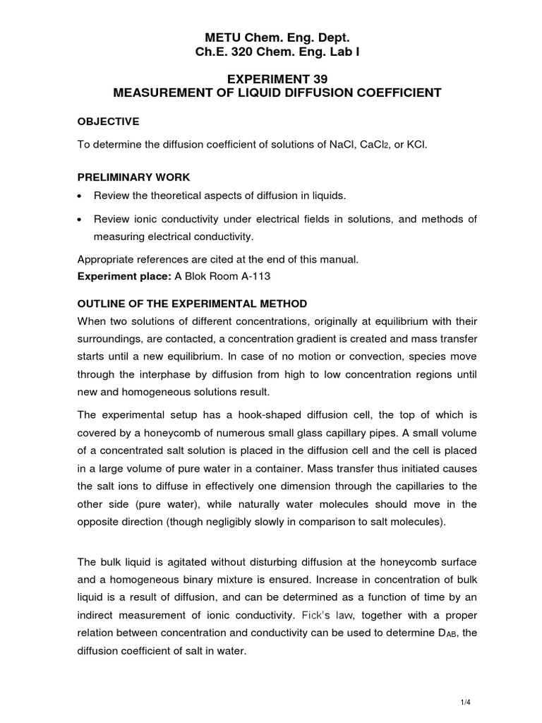 METU Chem. Eng. Dept. Ch.E. 320 Chem. Eng. Lab I Experiment 39 Measurement of Liquid Diffusion ...