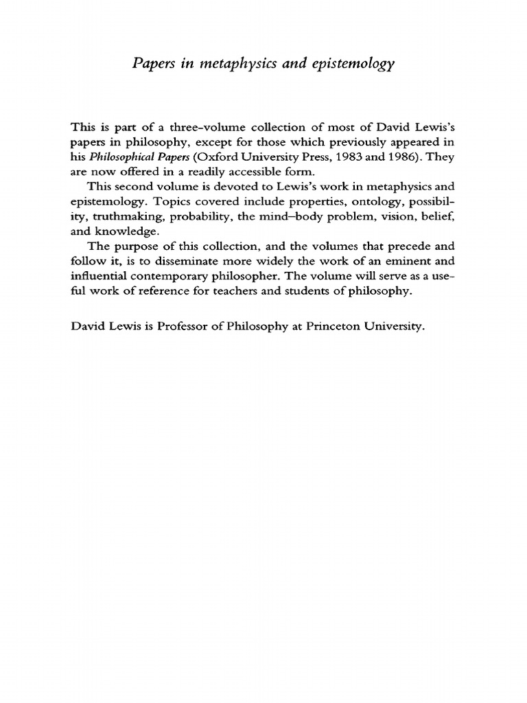 Cambridge Studies in Philosophy) David Lewis - Papers in Metaphysics ...