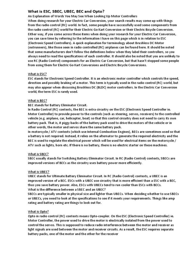 What Is ESC, SBEC, UBEC, BEC and Opto? | PDF | Systems Engineering ...