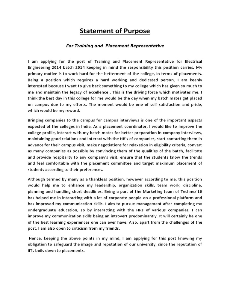 Statement of Purpose for TPR Role | PDF | Reputation | Motivation
