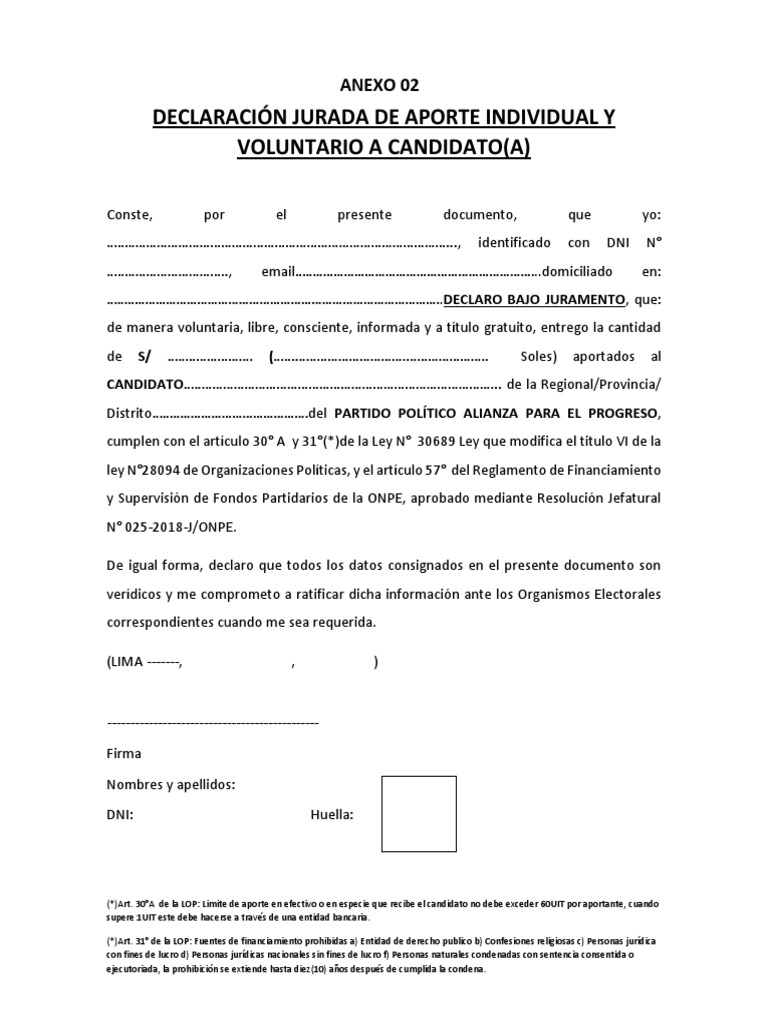 Anexo 02 Declaracion Jurada de Aporte en Efectivo