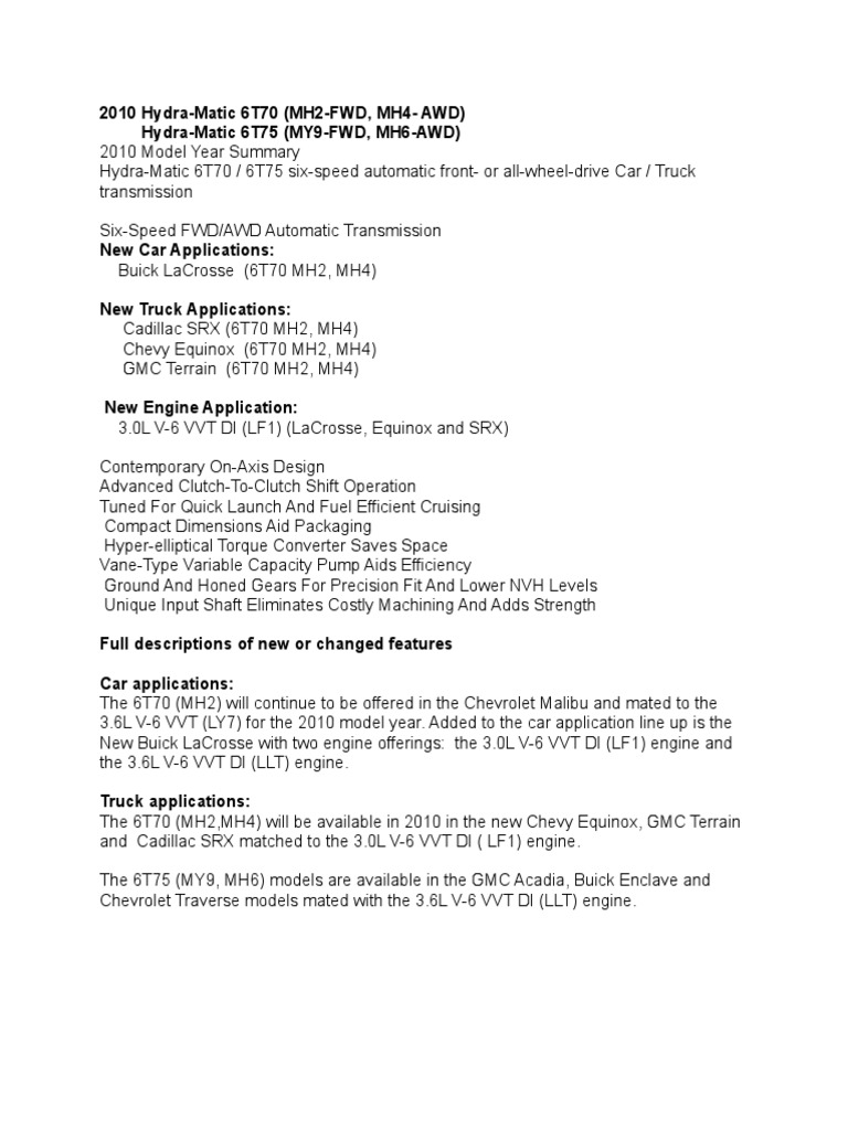 2010 Hydra-Matic 6T70 (MH2-FWD, MH4-AWD) Hydra-Matic 6T75 (MY9-FWD, MH6 ...