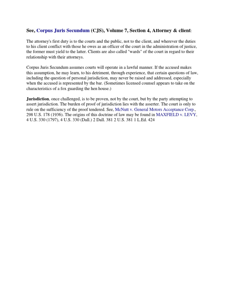 Corpus Juris Secundum: See, (CJS), Volume 7, Section 4, Attorney ...