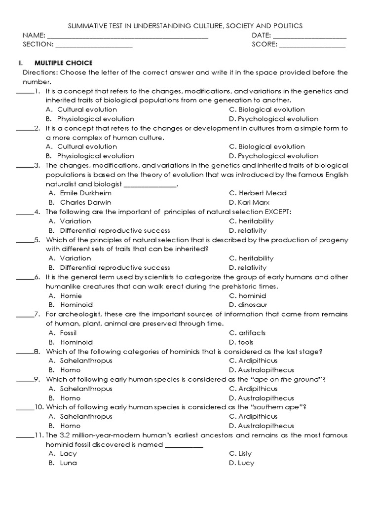 Summative Test on Understanding Concepts of Cultural Evolution ...