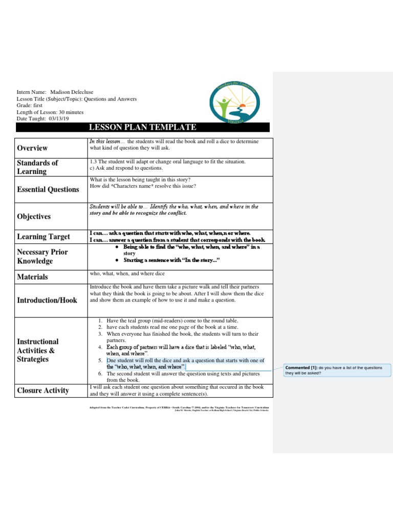 Lesson Plan Template: Standards of Learning Essential Questions | PDF ...