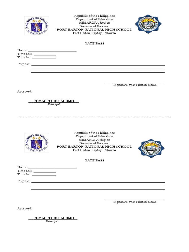 Port Barton National High School Gate Pass Form and Approval Process | PDF