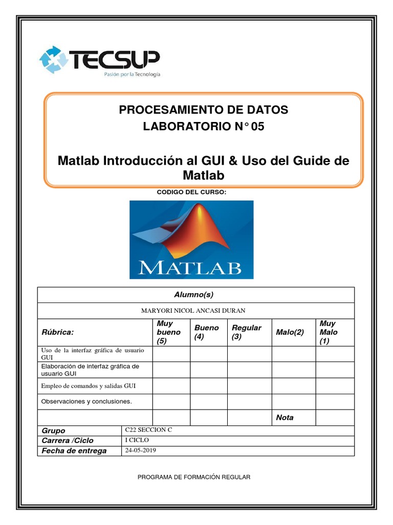 Lab 05 - Matlab Introduccion Al GUI & Uso Del Guide MARYORI ANCASI DURAN | Descargar gratis PDF ...
