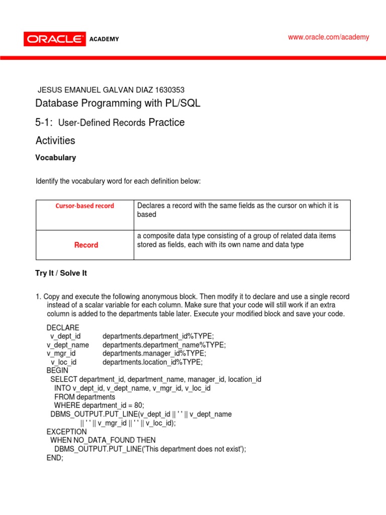 Plsql 5 1 Practice Pdf Oracle Database Pl Sql