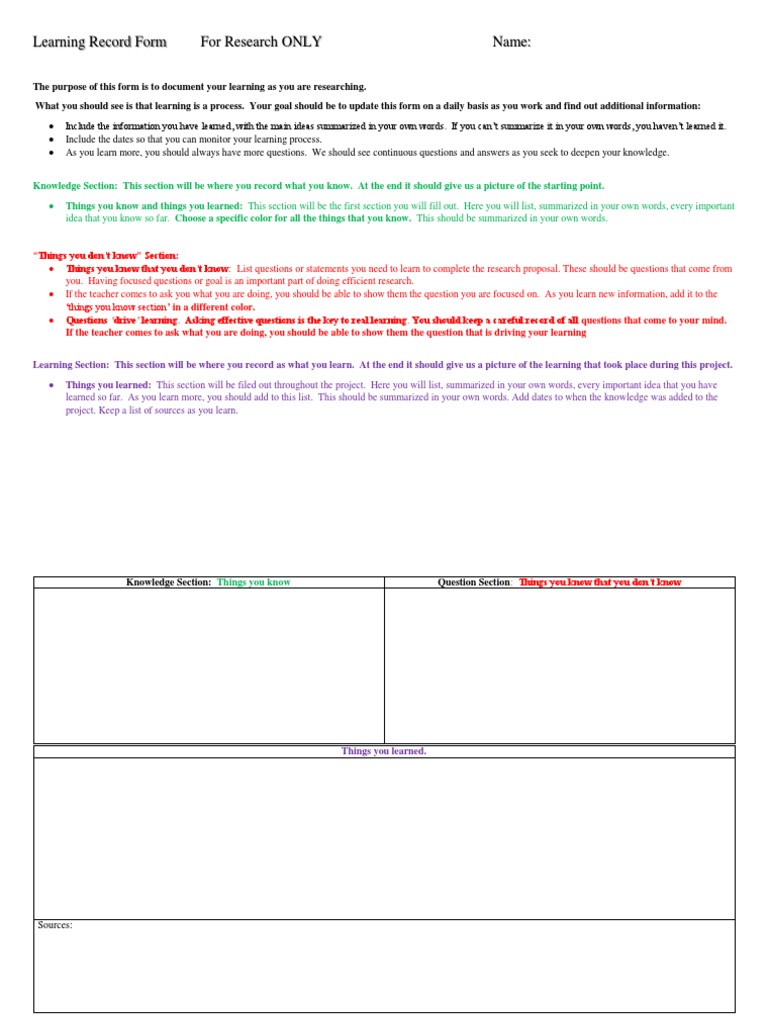 Learning Record Form For Research ONLY Name | PDF | Question | Learning