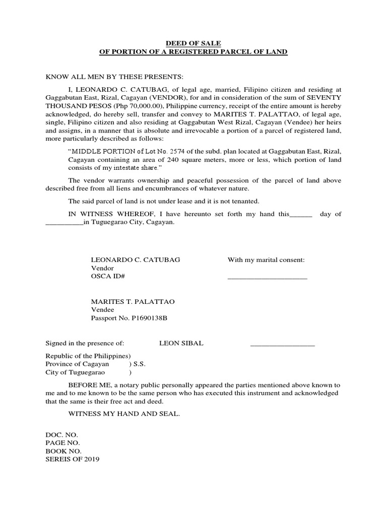 Deed of Sale of Portion of A Registered Parcel of Land | PDF