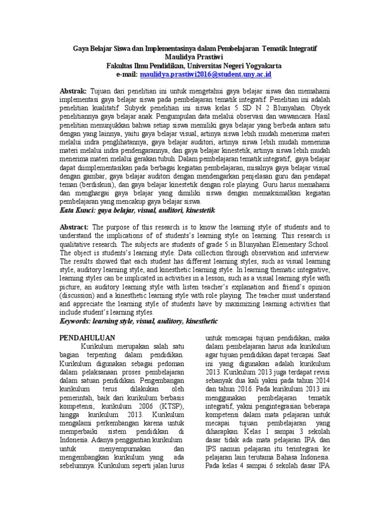 Jurnal Gaya Belajar Siswa Dan Implementasinya Dalam Pembelajaran ...