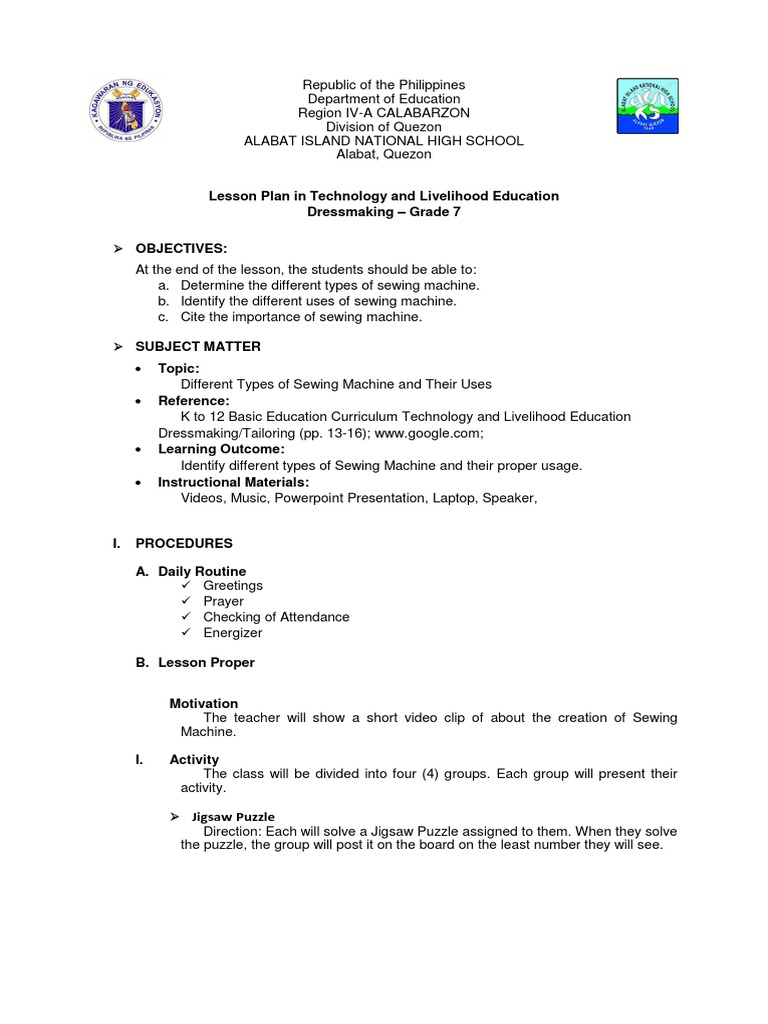Tle - Dressmaking - Lesson 1 - Sewing Machines | PDF