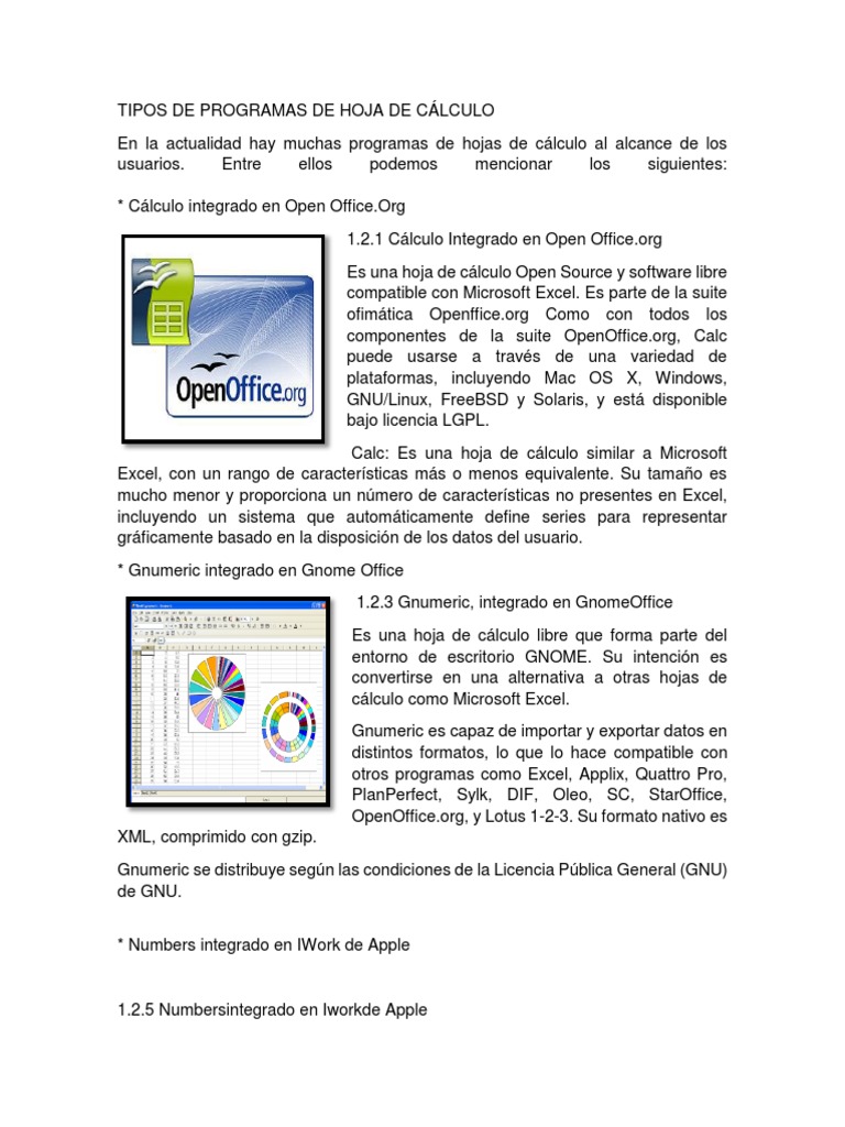 Tipos de Programas de Hoja de Cálculo | Descargar gratis PDF | Familias ...